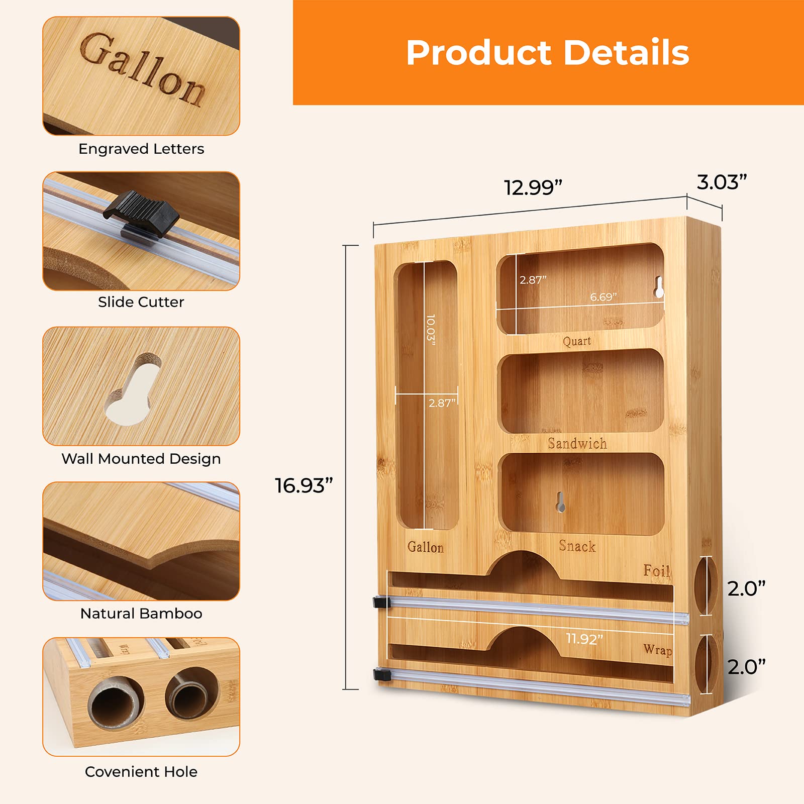 Bag Storage Organizer and Wrap Dispenser with Cutter for Kitchen Drawer, Bamboo Bags Compatible Foil, Wax, Ziploc Gallon, Quart, Sandwich Snack Variety Size 12'' Rolls, 1.0 Count, (Pack of 1)