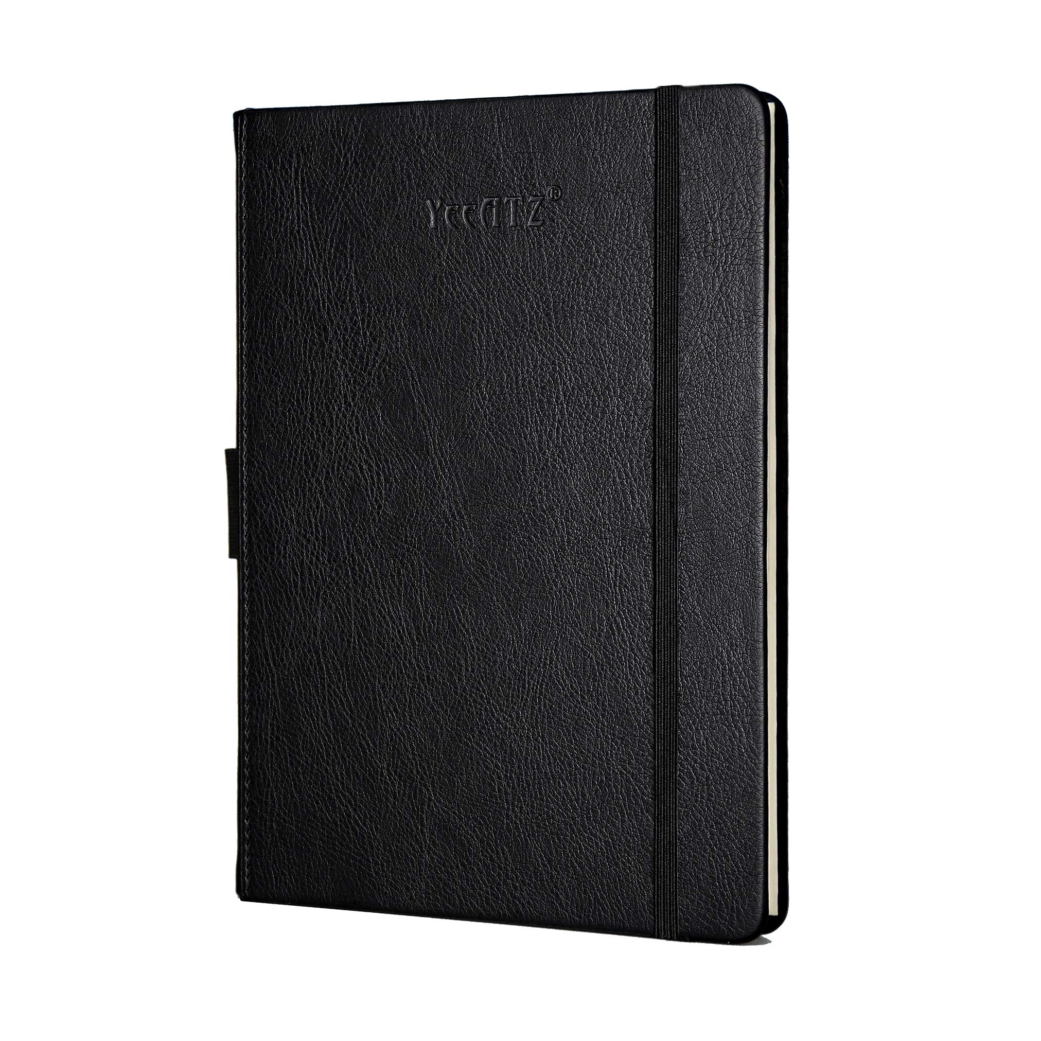 Thick Hardcover Notebook/Journal with A5 120gsm Premium Paper, College Ruled Bound with Pen Holder, Black Leather, 3 Ribbon Marker, Inner Pocket, 8.4 x 5.7 in