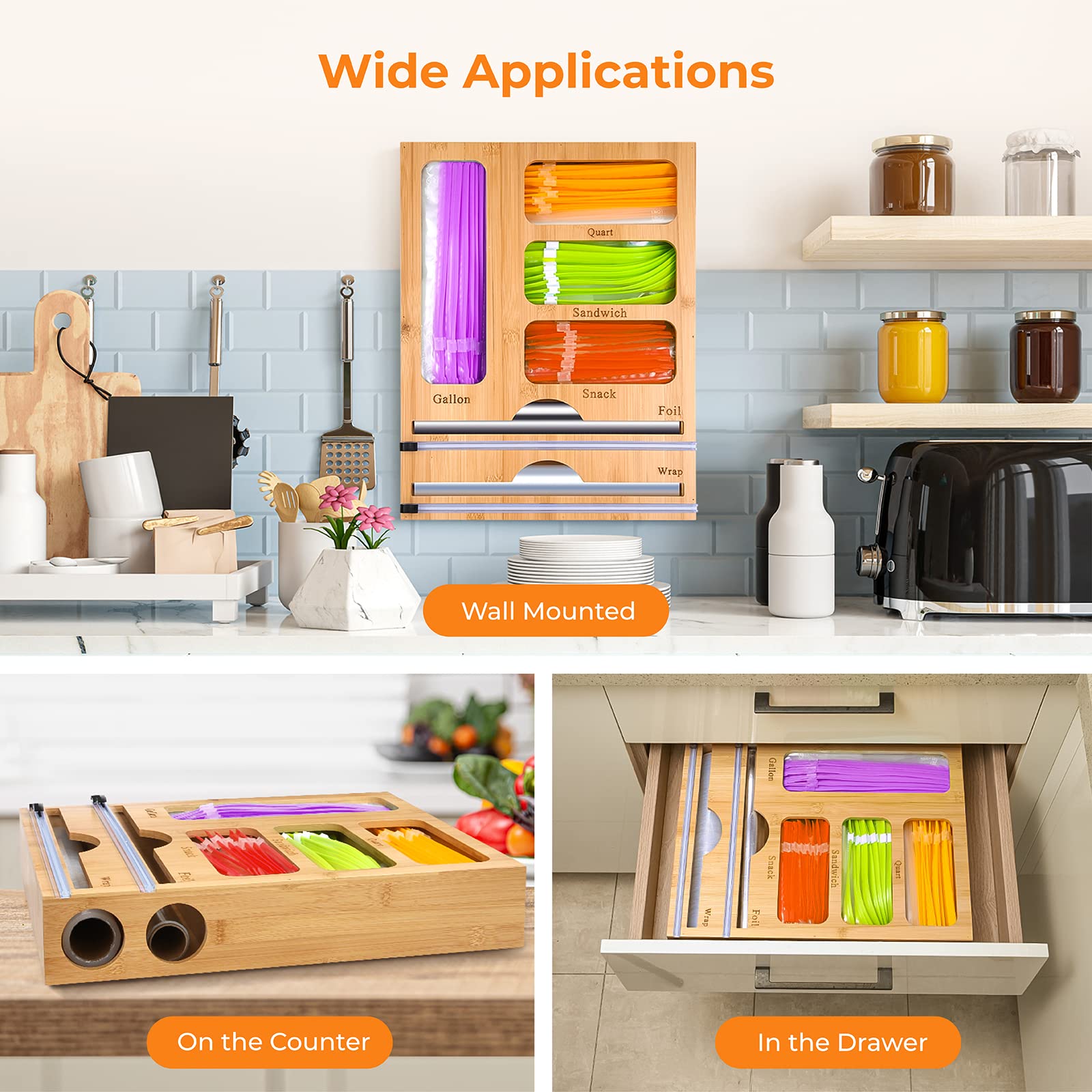 Bag Storage Organizer and Wrap Dispenser with Cutter for Kitchen Drawer, Bamboo Bags Compatible Foil, Wax, Ziploc Gallon, Quart, Sandwich Snack Variety Size 12'' Rolls, 1.0 Count, (Pack of 1)