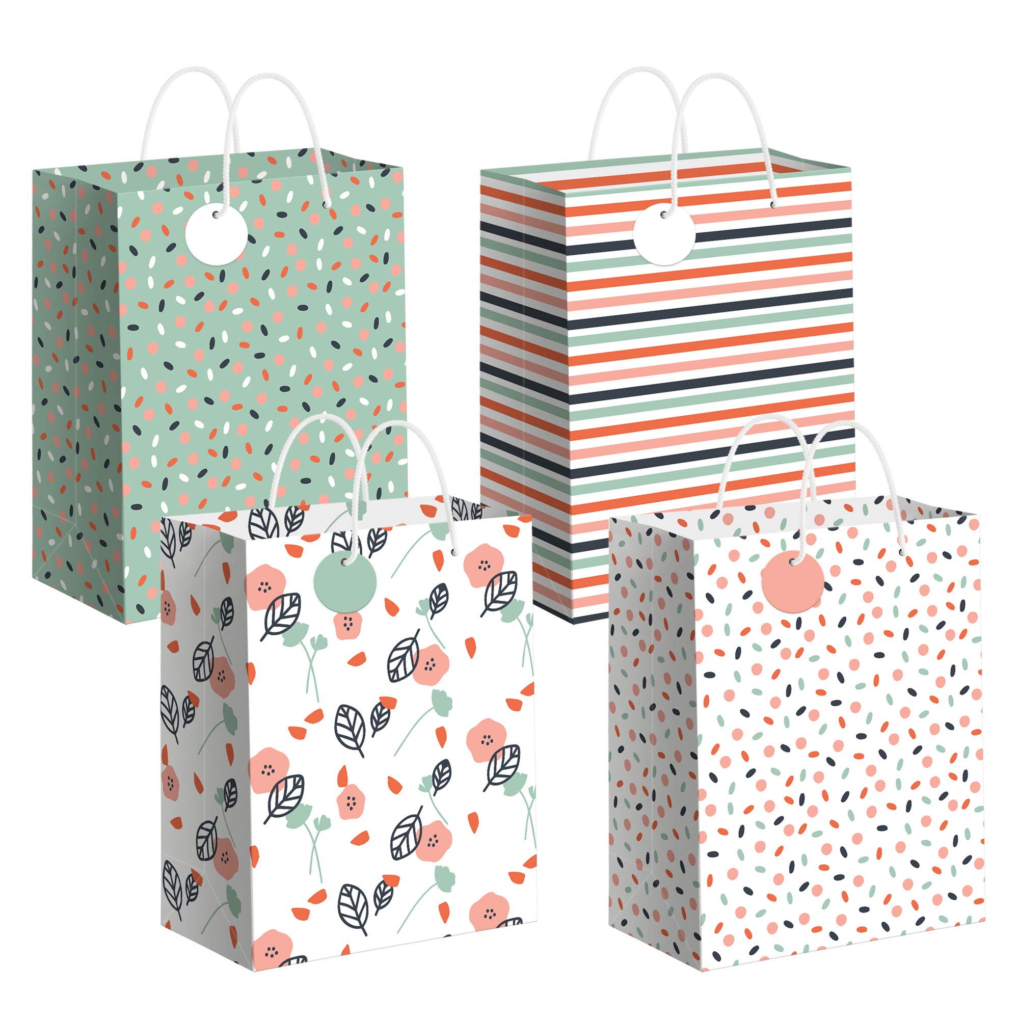 Cute Assorted Birthday Gift Bags - Set of 4 - 10" Medium Size Gift Bags With Handles & Name Tags - Floral, Striped, and Confetti Everyday Gift Bags - Pink & Green Gift Bags For Women. Perfect for Easter, Mothers Day, Birthdays, Baby Showers, Bridal Shower