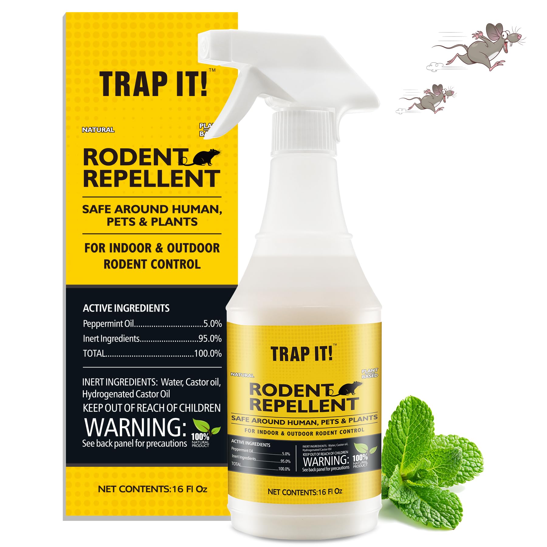 TRAP IT! Peppermint Oil Spray for Rodents, 16OZ Natural Mice Repellent Indoor to Repel Mice & Rats Pet Family Safe, Powerful Mouse Repellent for Car Engines RV Campers Trucks Boats Pest Control