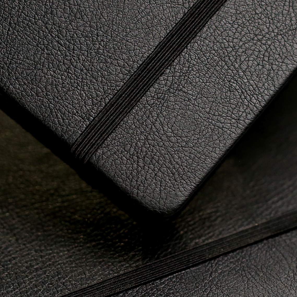 Thick Hardcover Notebook/Journal with A5 120gsm Premium Paper, College Ruled Bound with Pen Holder, Black Leather, 3 Ribbon Marker, Inner Pocket, 8.4 x 5.7 in