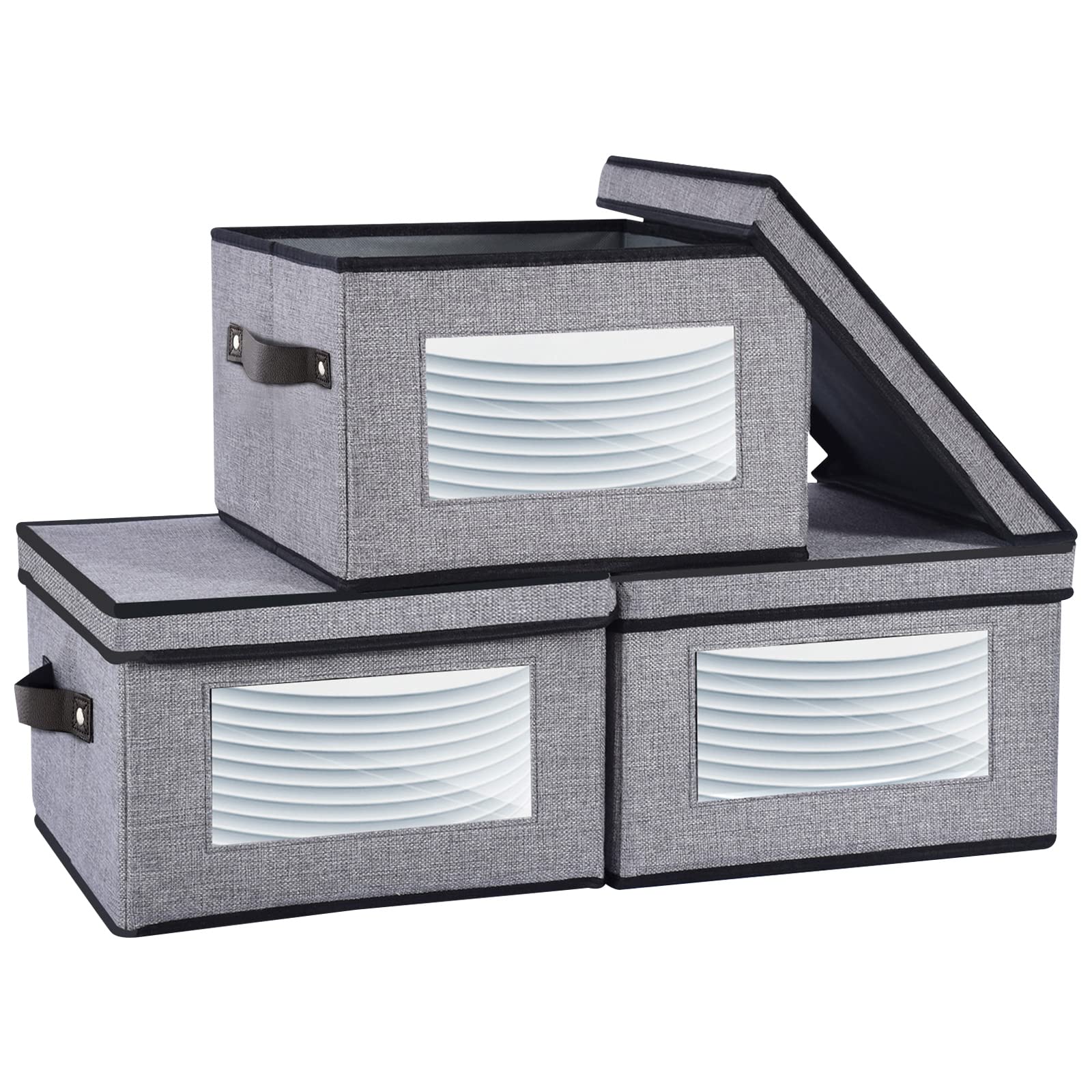 YheenLf 3 Sets China Storage Containers With Lid and Handles, Dinnerware Storage Box for Dishes Plate Storage Containers with 30 Felt Dividers, Hold 30 Plates, 12 x 12 x 8 inches, Grey