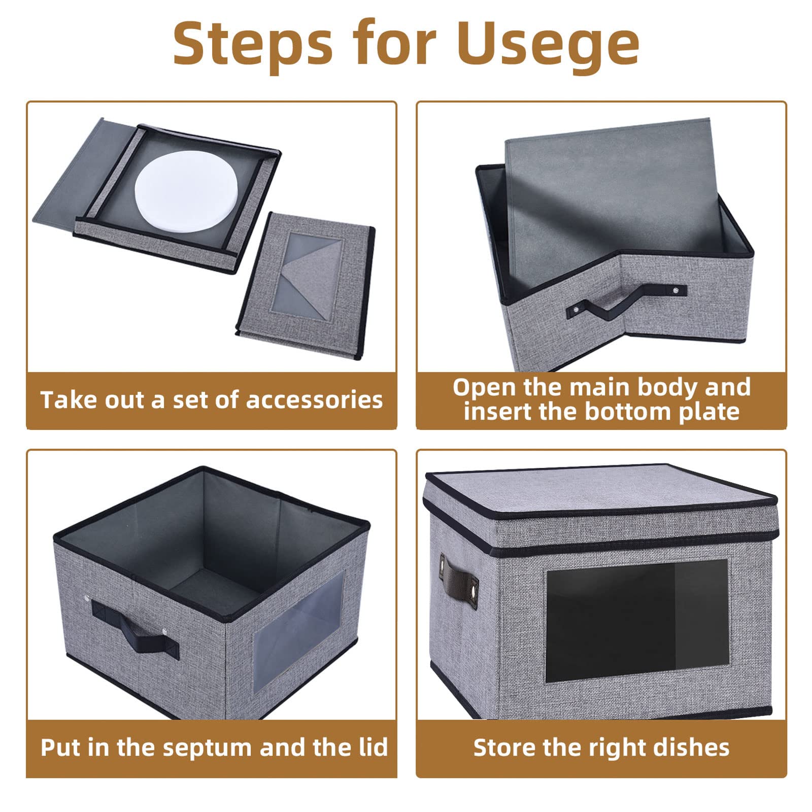 YheenLf 3 Sets China Storage Containers With Lid and Handles, Dinnerware Storage Box for Dishes Plate Storage Containers with 30 Felt Dividers, Hold 30 Plates, 12 x 12 x 8 inches, Grey