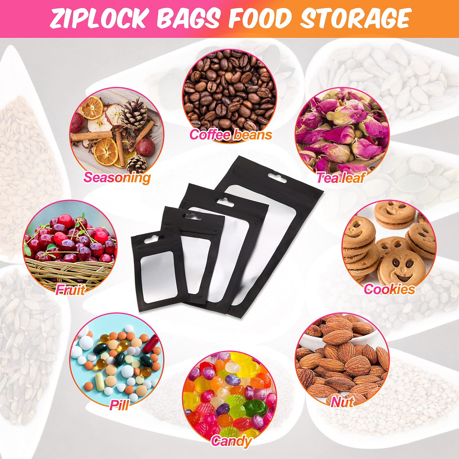 400 Piece Plastic Bags 4 Sizes Self Sealing Sealable Treat Bags for Packaging Food Storage Pouch for Sample Cookies Jewelry (Black, Long Hole)