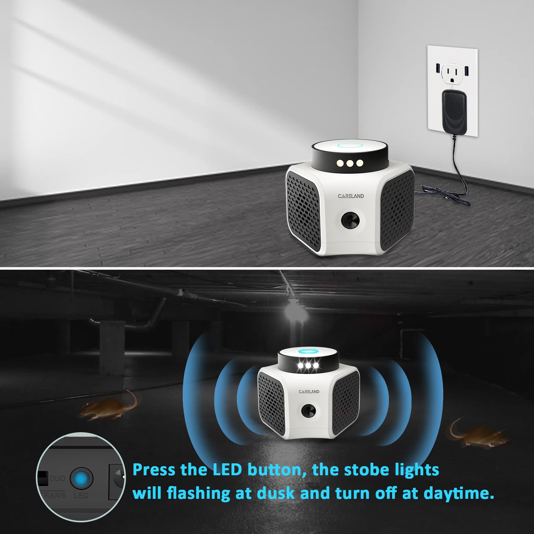 Careland Ultrasonic Pest Repeller Squirrel Repellent, 4 in 1 Rodent Repellent Plug-in Mouse Deterrent Emits Ultrasound Waves and LED Strobe Lights Indoor Use