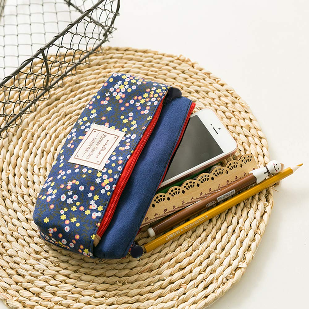 4 Pack Flower Floral Canvas Pen Pencil Cases Makeup Bags, FineGood Stationery Pouch Holders with Double Zippers for School Students Kids, with 2 Hang Ropes - Dark Blue, Light Blue, Pink, Cream