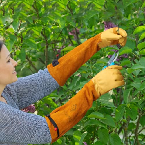 PROQUNQI Long Sleeve Gardening Gloves for Women & Men Thorn Proof Leather Rose Pruning Gloves with Adjustable Gauntlet Cuff (LARGE,YELLOW)