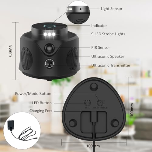 Zimwu Upgraded Rodent Repellent Indoor, 360° Ultrasonic Pest Repeller with 9 Strobe Lights & PIR, Effectively Repel Mouse/Squirrel/Roach/Spider/Bat for Attics, Houses, Barns, Family and Pets Safe