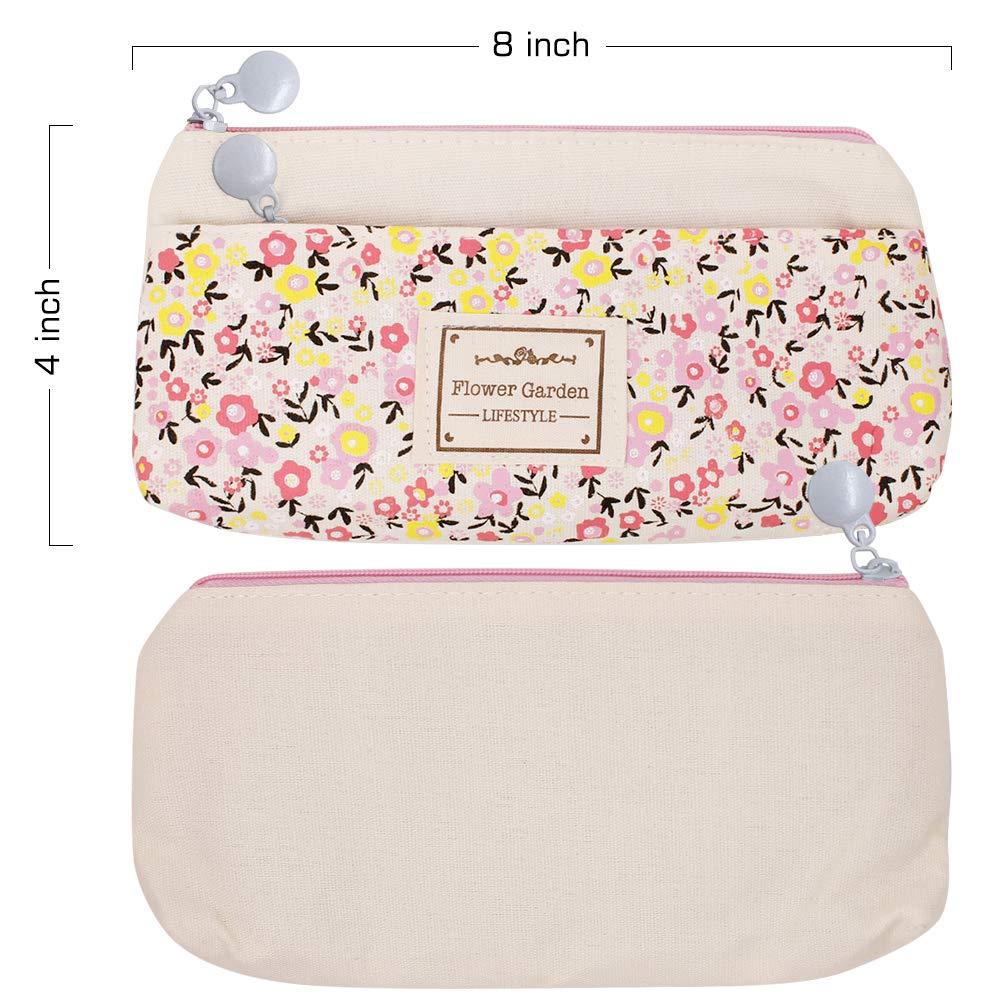 4 Pack Flower Floral Canvas Pen Pencil Cases Makeup Bags, FineGood Stationery Pouch Holders with Double Zippers for School Students Kids, with 2 Hang Ropes - Dark Blue, Light Blue, Pink, Cream