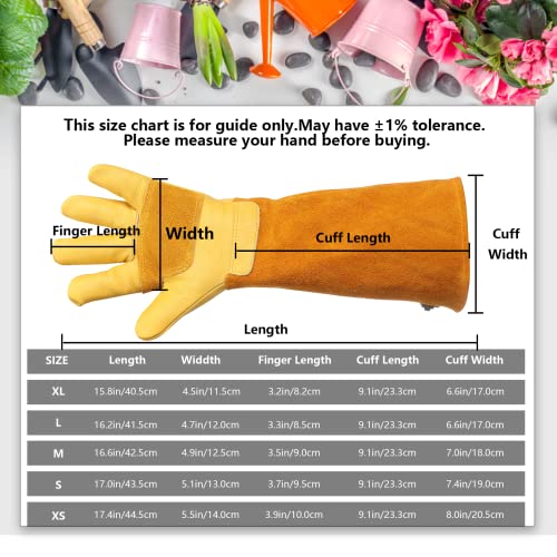 PROQUNQI Long Sleeve Gardening Gloves for Women & Men Thorn Proof Leather Rose Pruning Gloves with Adjustable Gauntlet Cuff (LARGE,YELLOW)