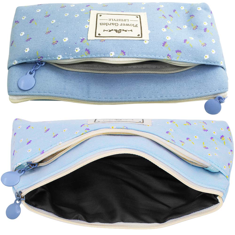 4 Pack Flower Floral Canvas Pen Pencil Cases Makeup Bags, FineGood Stationery Pouch Holders with Double Zippers for School Students Kids, with 2 Hang Ropes - Dark Blue, Light Blue, Pink, Cream