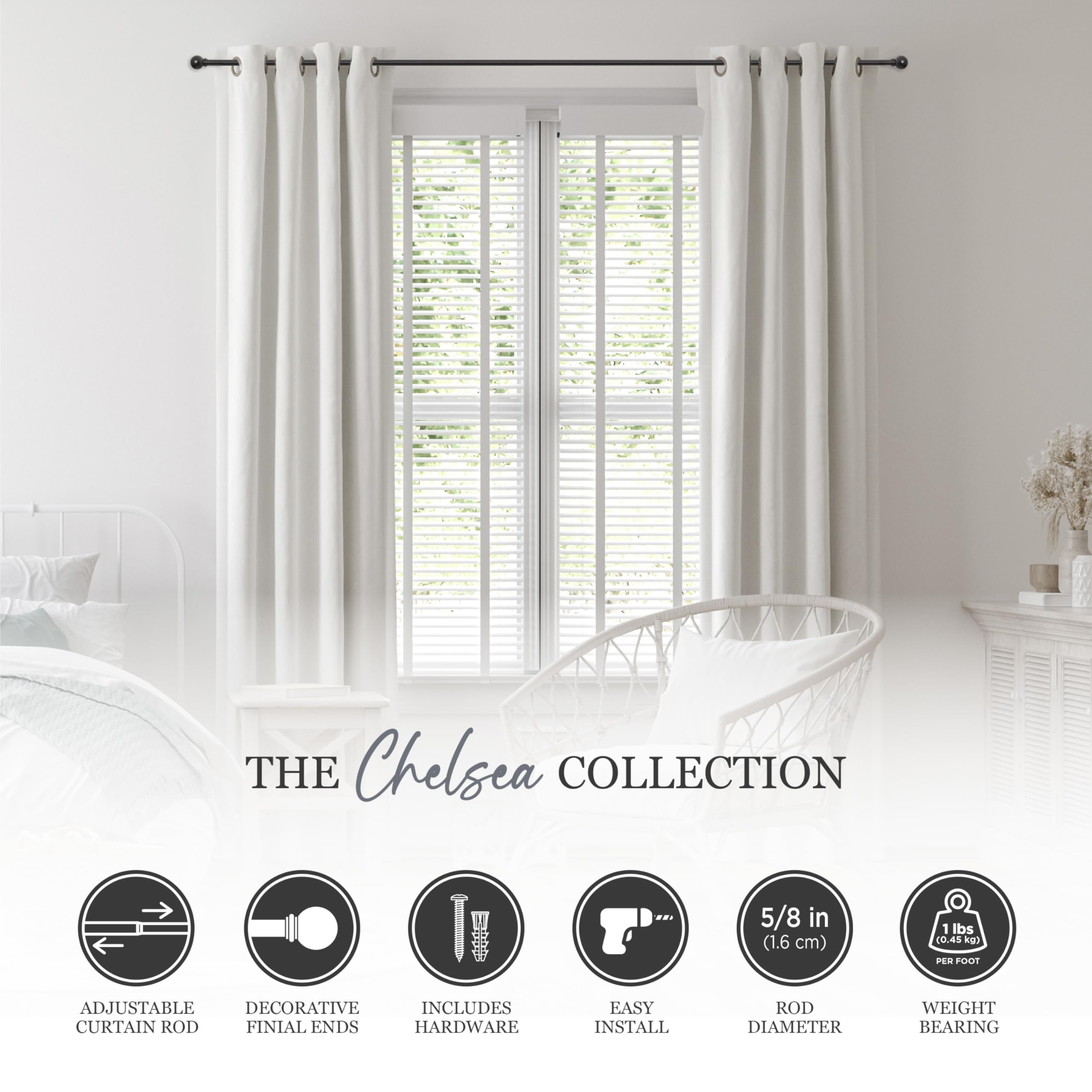 Kenney Chelsea 5/8" Standard Decorative Window Curtain Rod, 48-86", Black