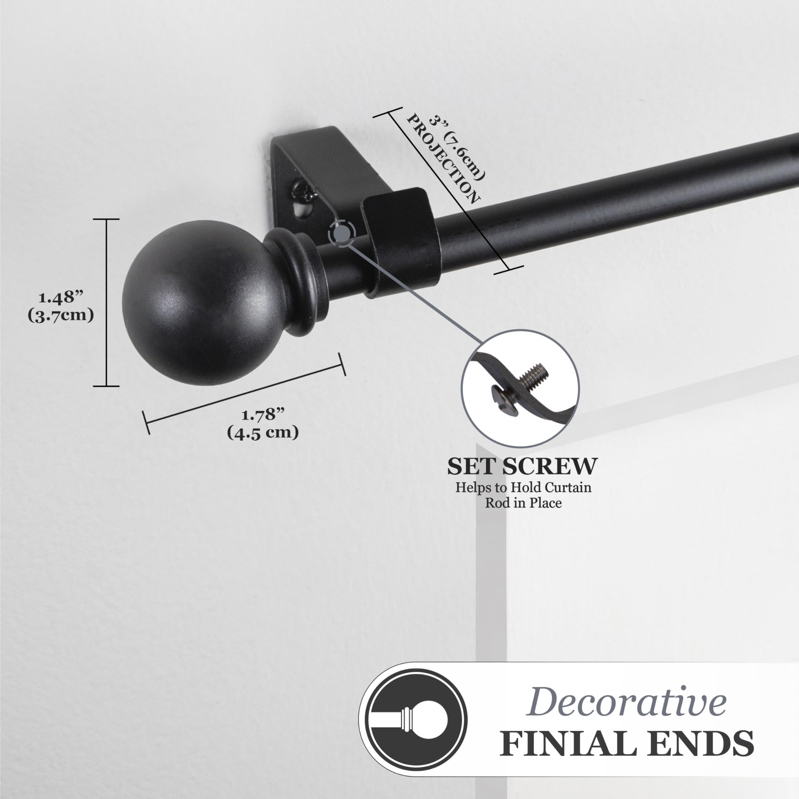 Kenney Chelsea 5/8" Standard Decorative Window Curtain Rod, 48-86", Black