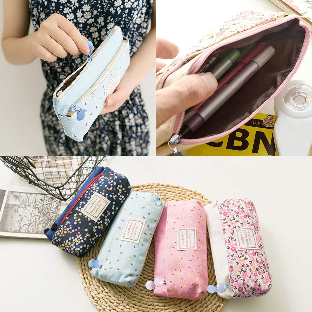 4 Pack Flower Floral Canvas Pen Pencil Cases Makeup Bags, FineGood Stationery Pouch Holders with Double Zippers for School Students Kids, with 2 Hang Ropes - Dark Blue, Light Blue, Pink, Cream