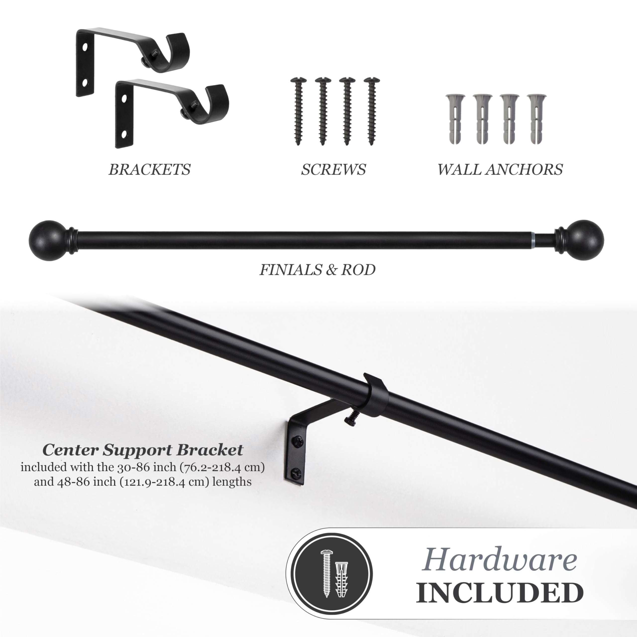 Kenney Chelsea 5/8" Standard Decorative Window Curtain Rod, 48-86", Black