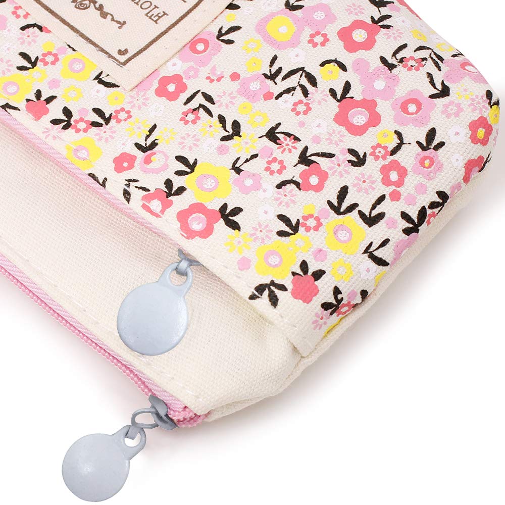 4 Pack Flower Floral Canvas Pen Pencil Cases Makeup Bags, FineGood Stationery Pouch Holders with Double Zippers for School Students Kids, with 2 Hang Ropes - Dark Blue, Light Blue, Pink, Cream