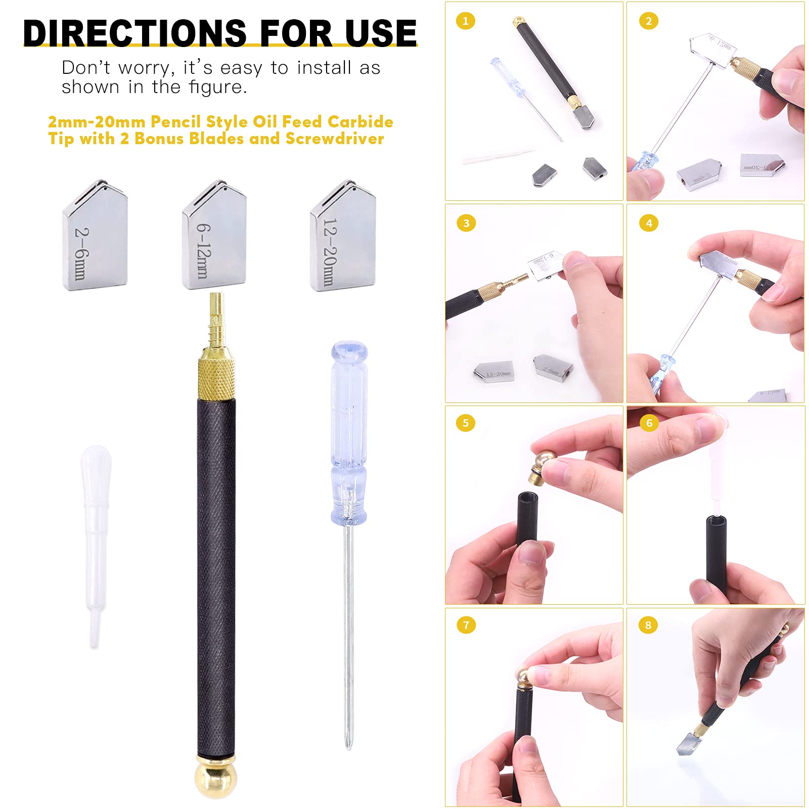 Mardatt 9 Pcs Glass Cutting Tool Set Kit Includes Adjustable Circular Glass Cutter, Glass Running Pliers with Rubber Tip, 2mm-20mm Oil Feed Carbide Tip with 3 Bonus Blades for Mirrors Tiles Mosaic
