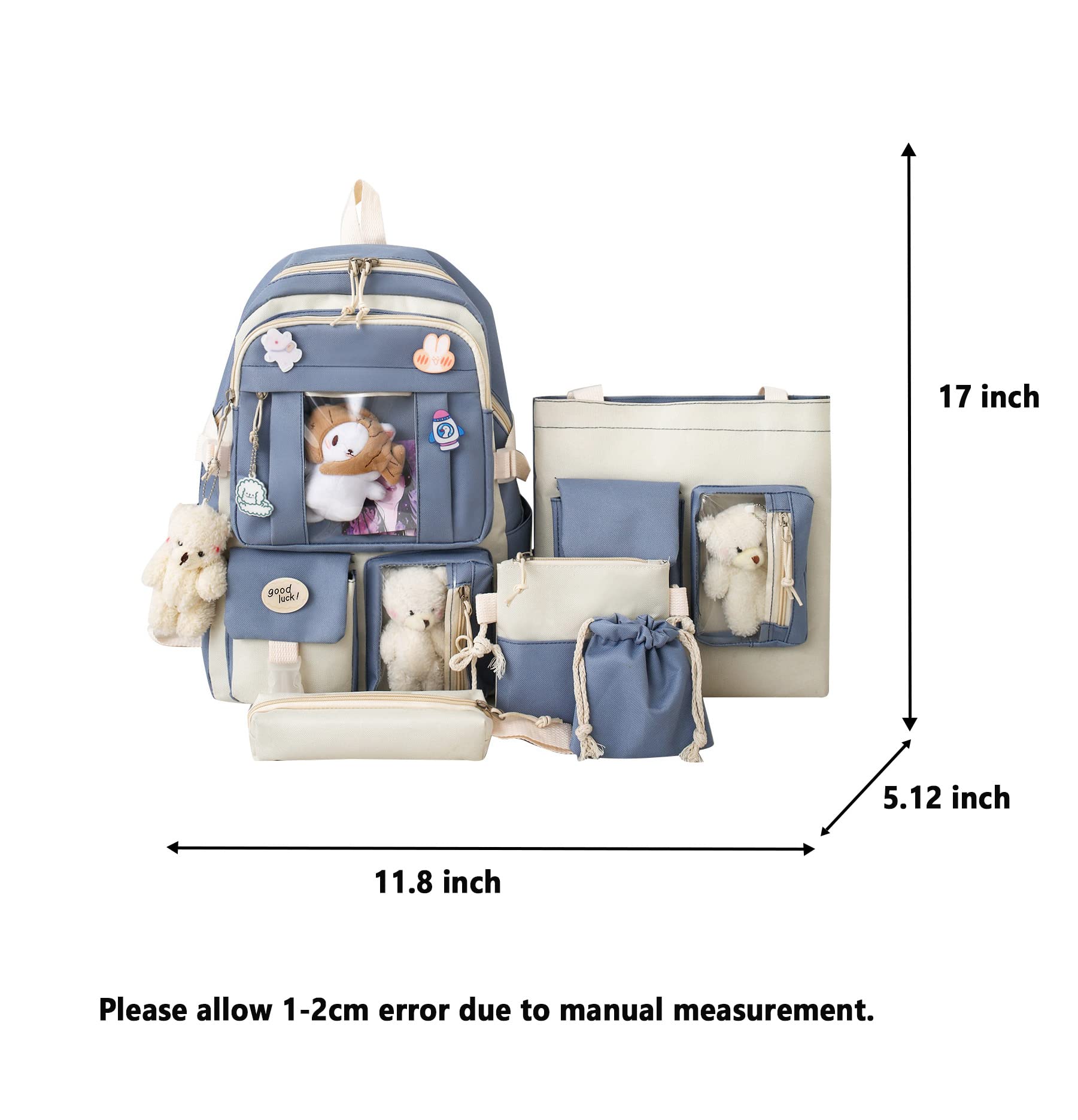 Kawaii Backpack with Cute Pins Aesthetic Accessories, Shoulder Bag with Pencil Bag Waist Bag Set for Girls (Blue, One size)
