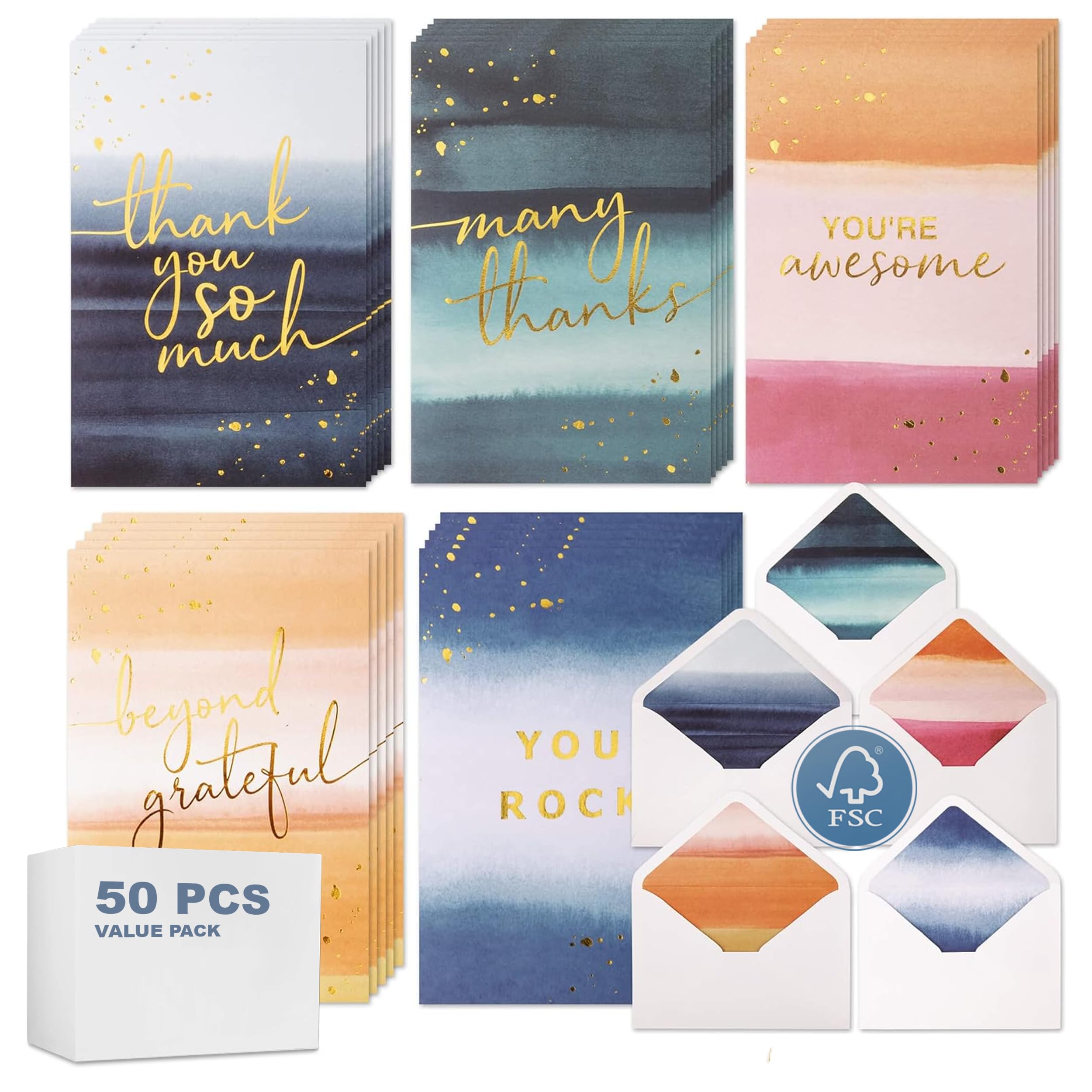 50 Appreciation Cards, Assortment of 4 x 6 in Thank You Cards Great for Gratitude, Employee Recognition, Staff Appreciation & Work Team Anniversary, Bulk Boxed Set Assortment of Encouragement Gold Foil Notecards w/ Envelopes & Stickers