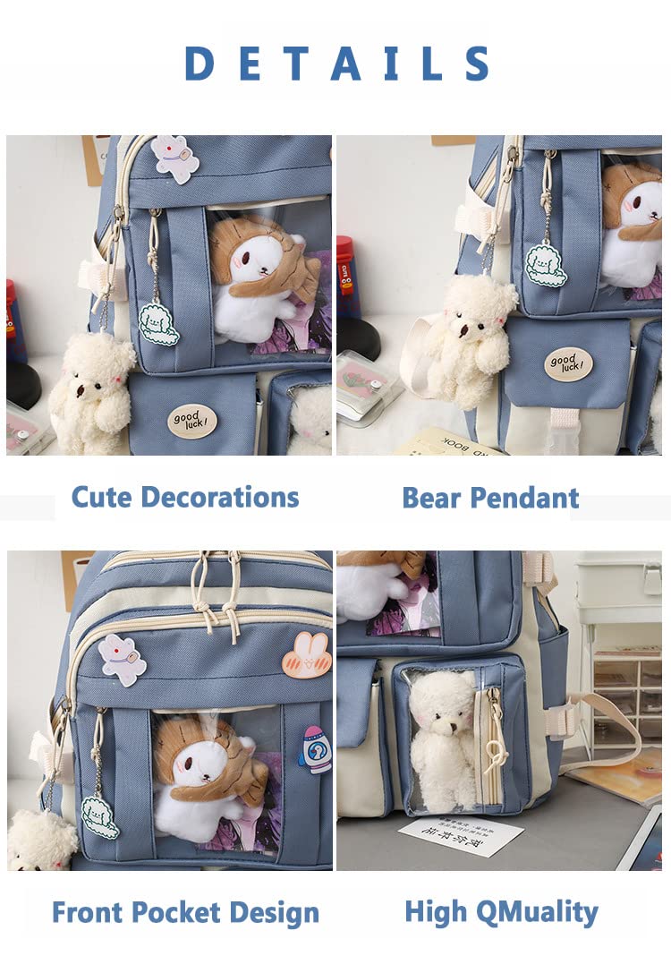 Kawaii Backpack with Cute Pins Aesthetic Accessories, Shoulder Bag with Pencil Bag Waist Bag Set for Girls (Blue, One size)