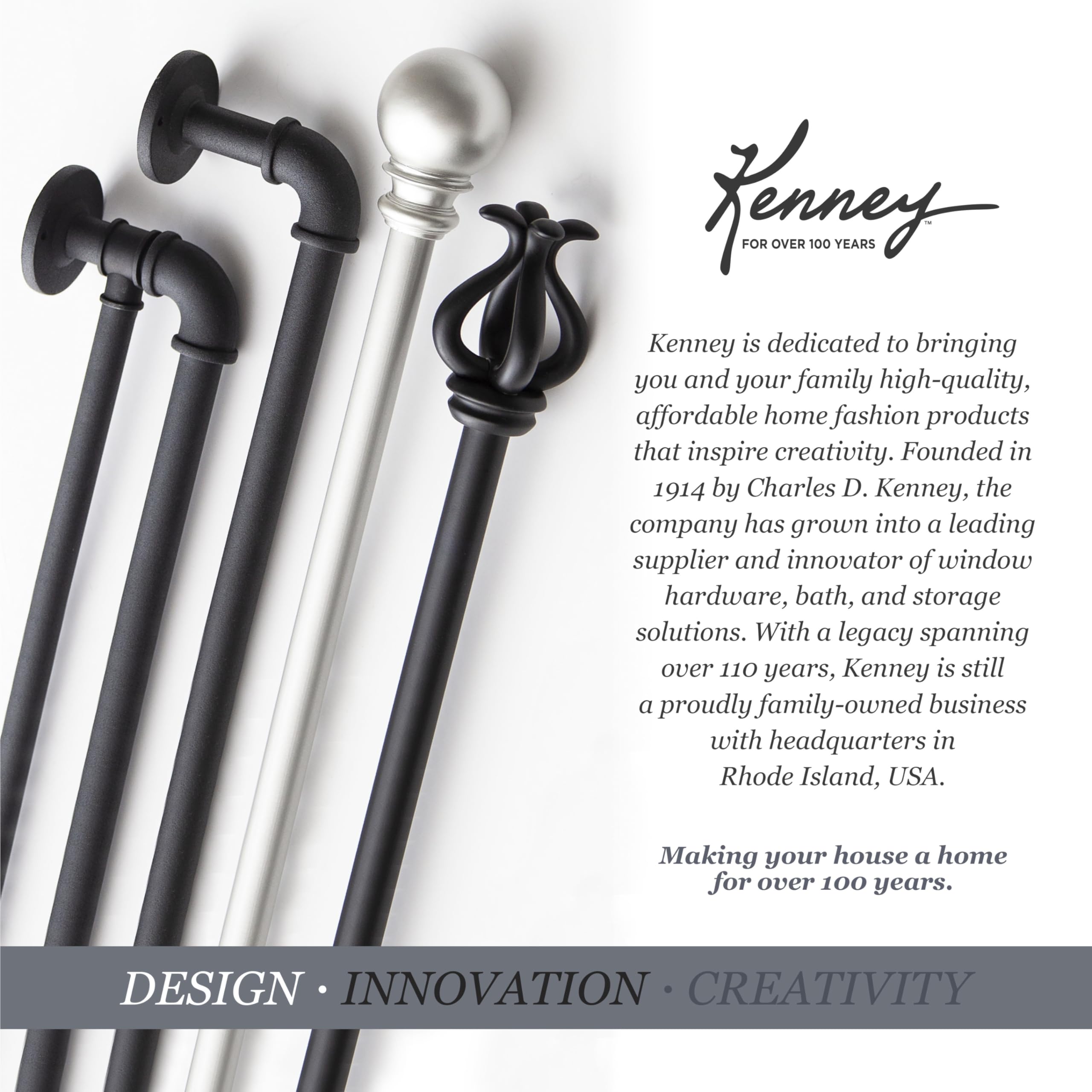 Kenney Chelsea 5/8" Standard Decorative Window Curtain Rod, 48-86", Black