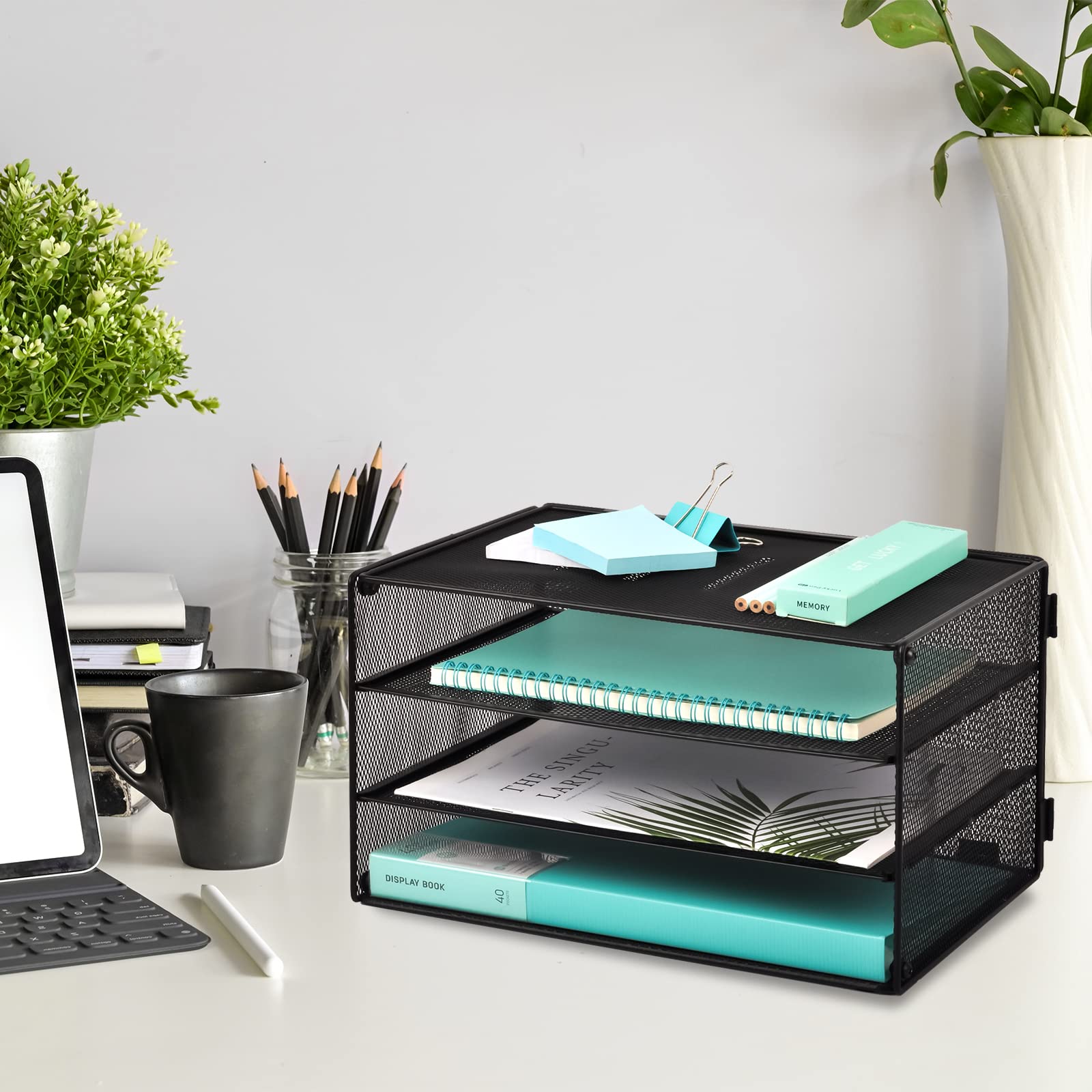EASEPRES 5 Slot Desk Organizer Tray, Mesh File Paper Letter Tray Desktop Paper Sorter Literature Organizer Rack for Home, Office, or School, Black