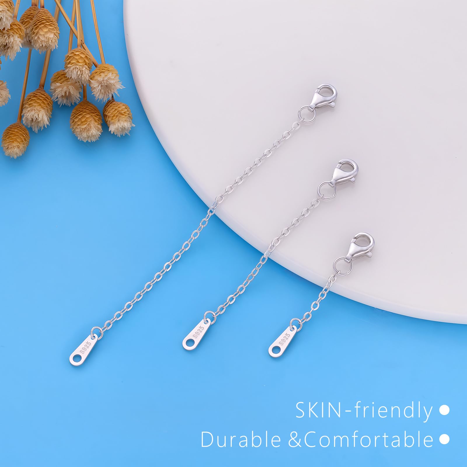 Sterling Silver Necklace Extenders for Women Necklace Extender Silver Chain Extension Bracelet Extender Sterling Silver Chain Extenders for Necklaces 3 Piece Set(1, 2, 3 inch)