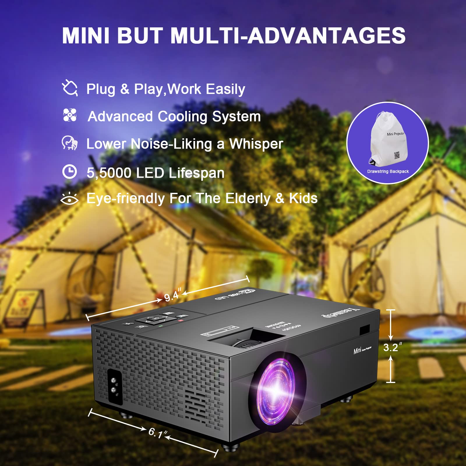 Mini Projector, 1080P Full HD 170” Screen Supported Video Projector, 8000Lux Home Theater Movie Projector Compatible w/Android/iPhone TV Stick HDMI VGA USB AV TF PC Laptop