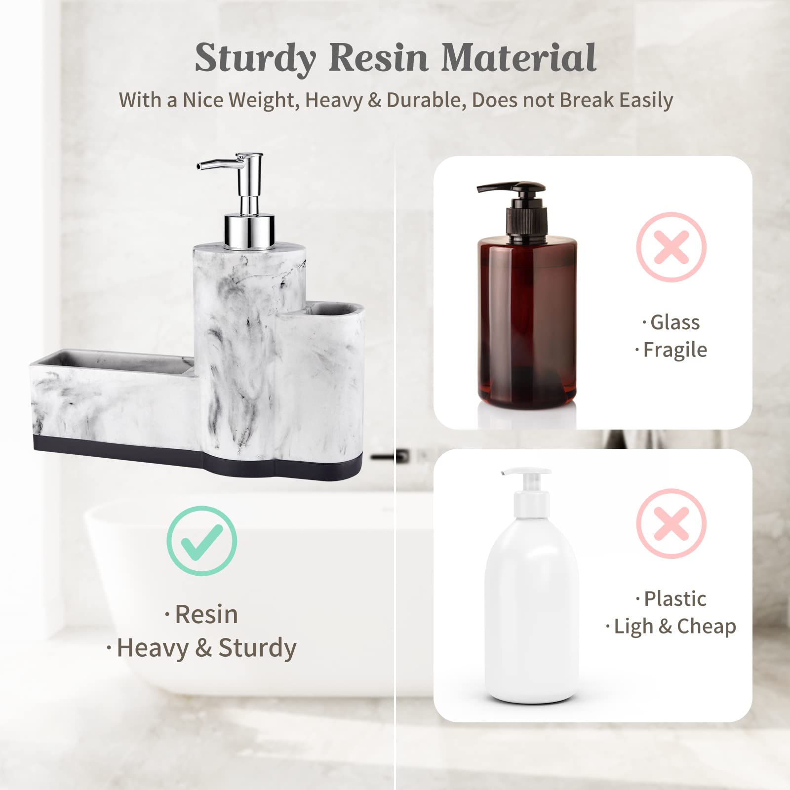 zccz Soap Dispenser with Sponge Holder and Brush Holder, Marble Pattern Kitchen Dish Soap Dispenser Pump Bottle Countertop Sink Caddy Bathroom Organizer Sponge Holder for Sink Storage and Organization