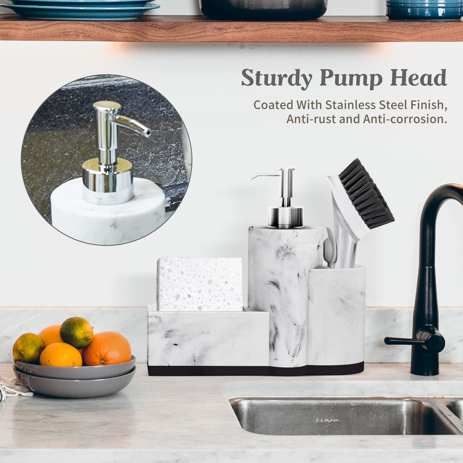 zccz Soap Dispenser with Sponge Holder and Brush Holder, Marble Pattern Kitchen Dish Soap Dispenser Pump Bottle Countertop Sink Caddy Bathroom Organizer Sponge Holder for Sink Storage and Organization