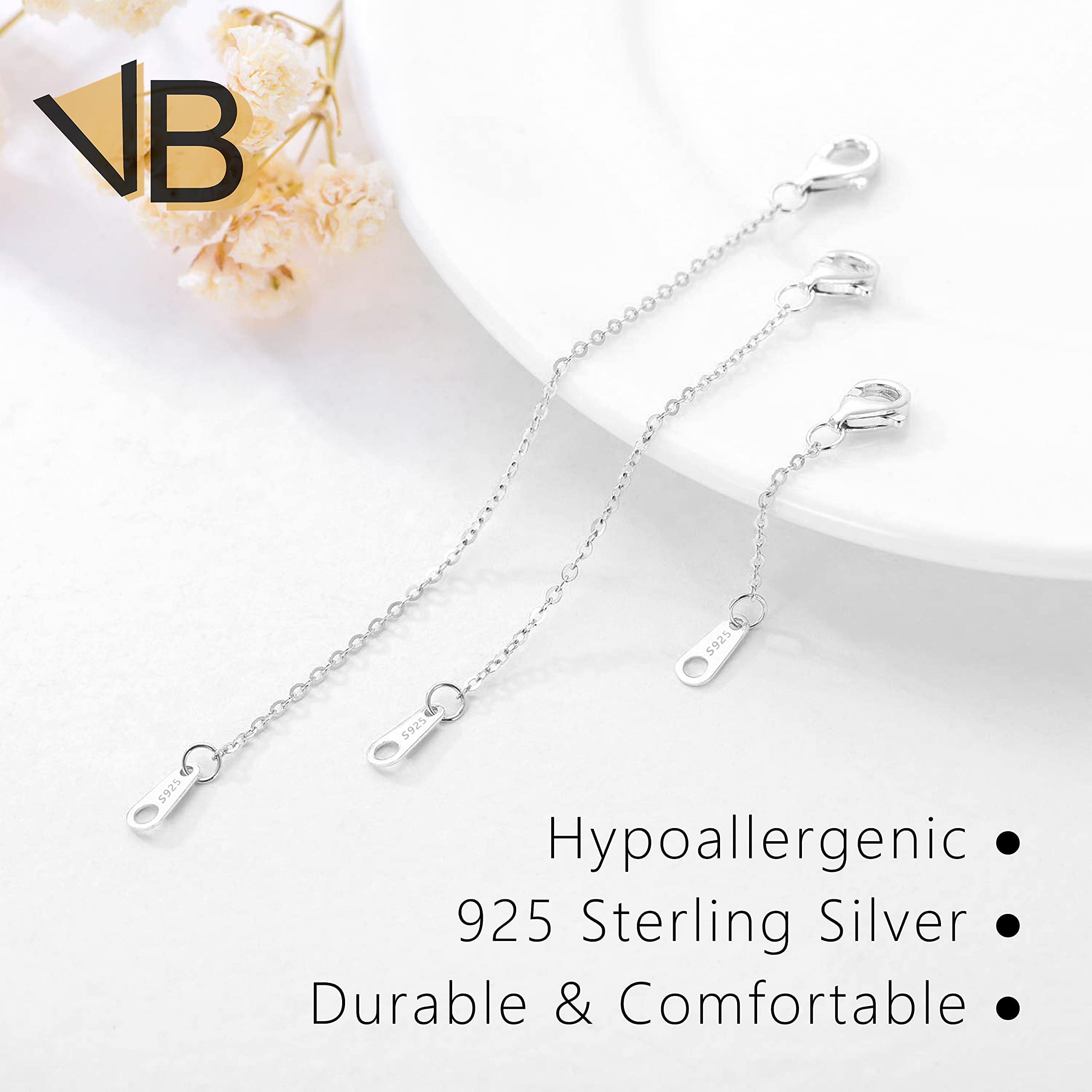 Sterling Silver Necklace Extenders for Women Necklace Extender Silver Chain Extension Bracelet Extender Sterling Silver Chain Extenders for Necklaces 3 Piece Set(1, 2, 3 inch)