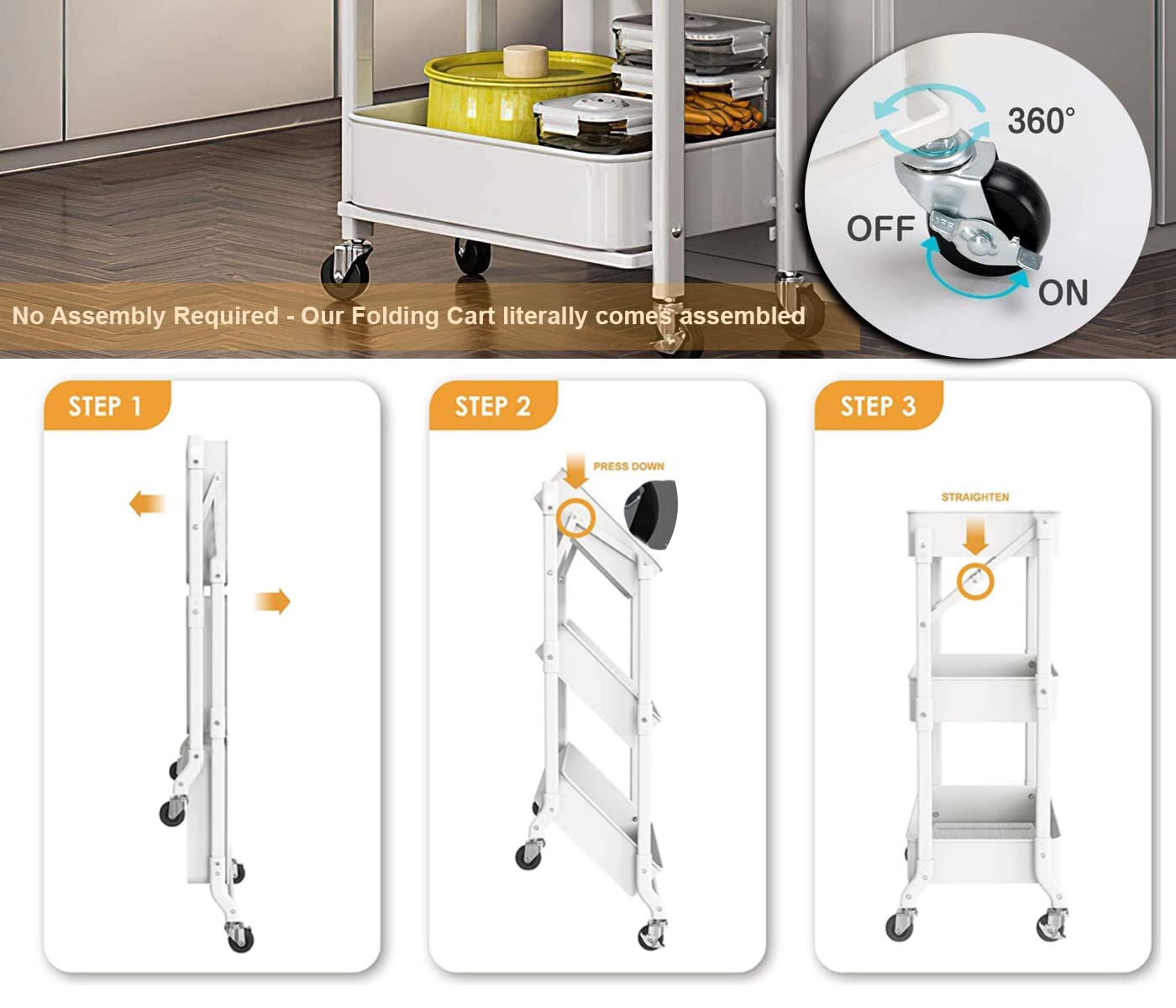 3 Tier Rolling Cart Foldable Storage Cart with Wheels No Assembly Request Kitchen Utility Organizer with Handing Cup, White
