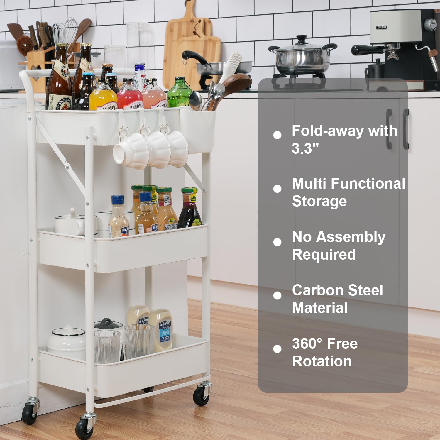 3 Tier Rolling Cart Foldable Storage Cart with Wheels No Assembly Request Kitchen Utility Organizer with Handing Cup, White