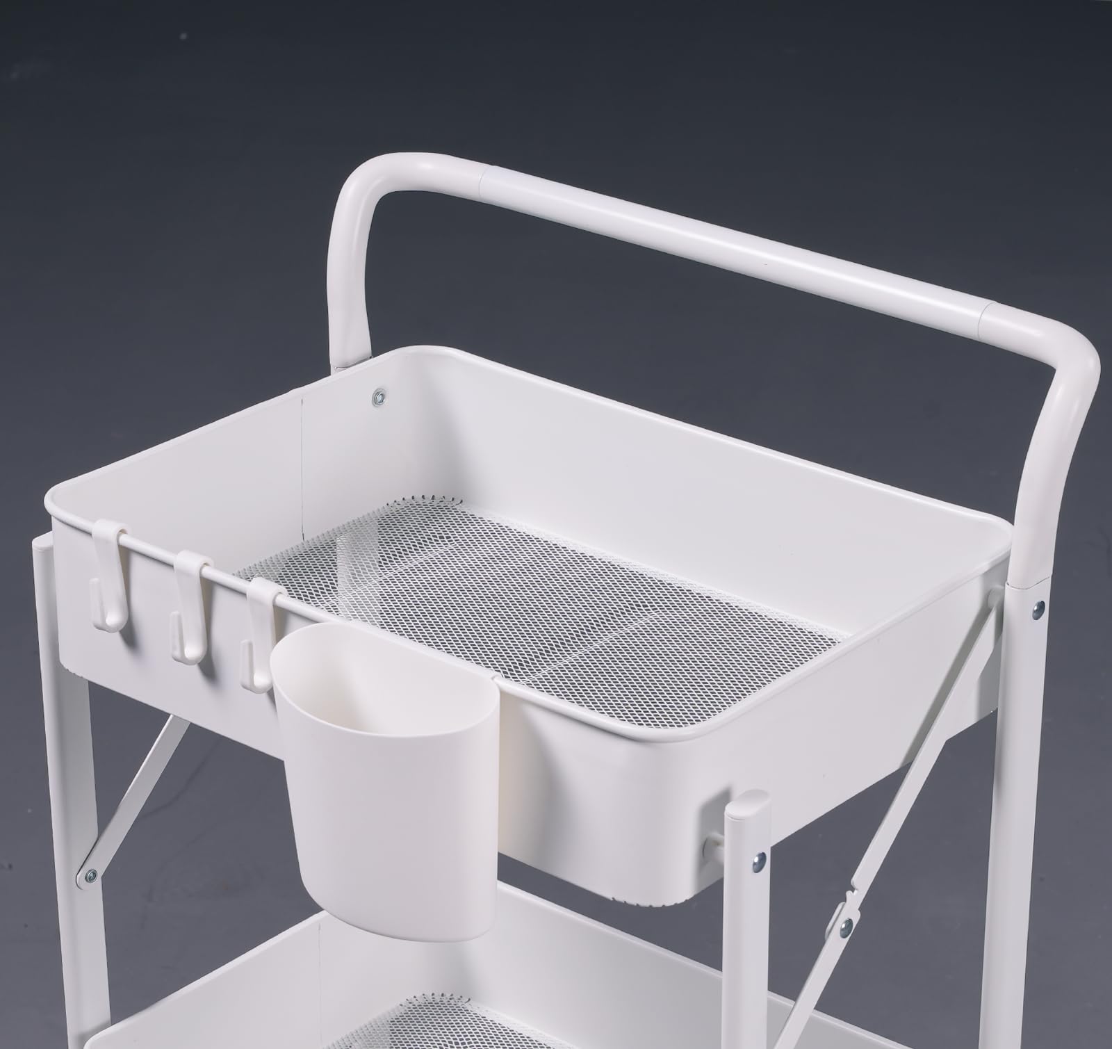 3 Tier Rolling Cart Foldable Storage Cart with Wheels No Assembly Request Kitchen Utility Organizer with Handing Cup, White
