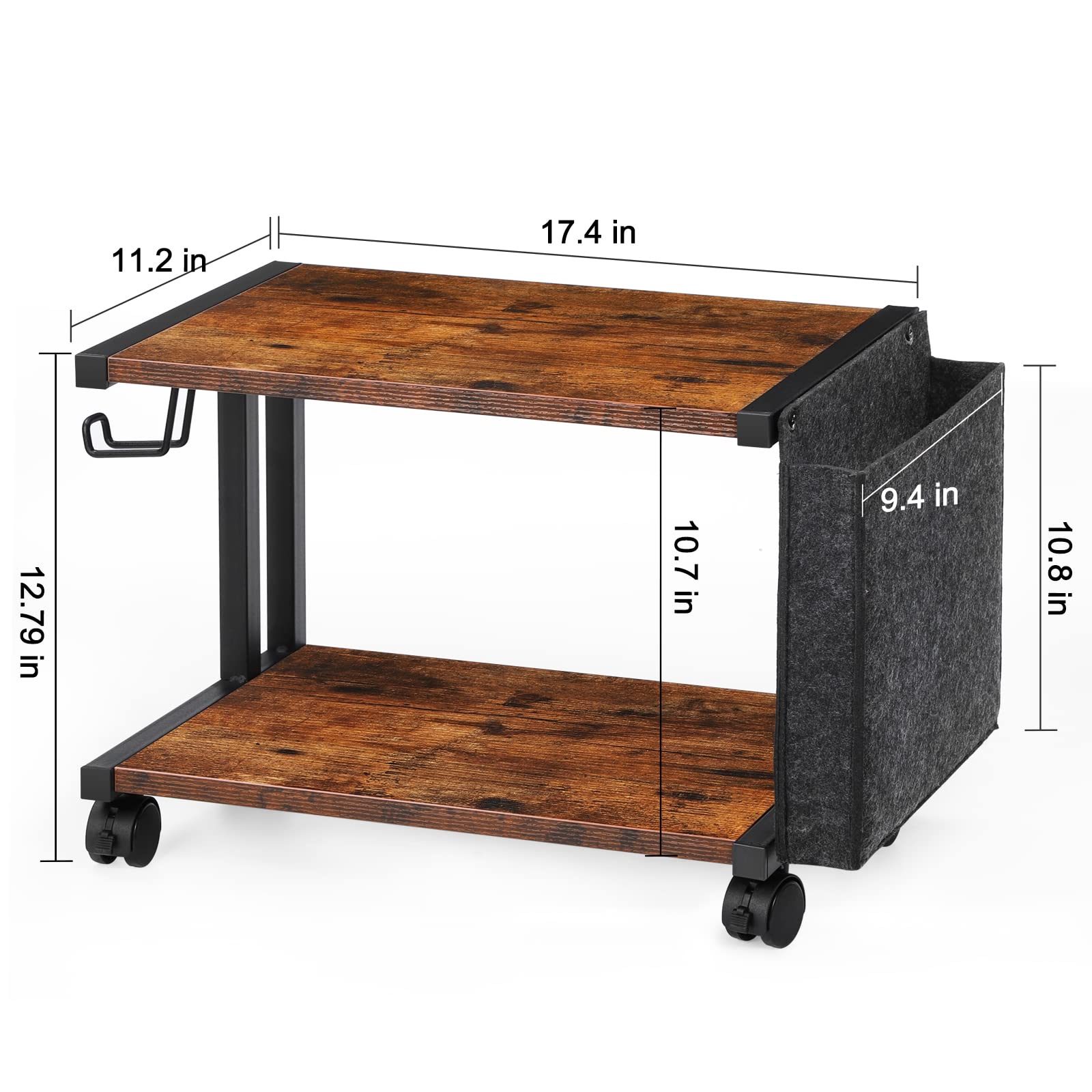 HEOMU Printer Stand with Storage Bag, 2 Tier Under Desk Printer Cart with Wheels, Wood Desktop Printer Table Organizer for Fax Machine, Copier, Scanner