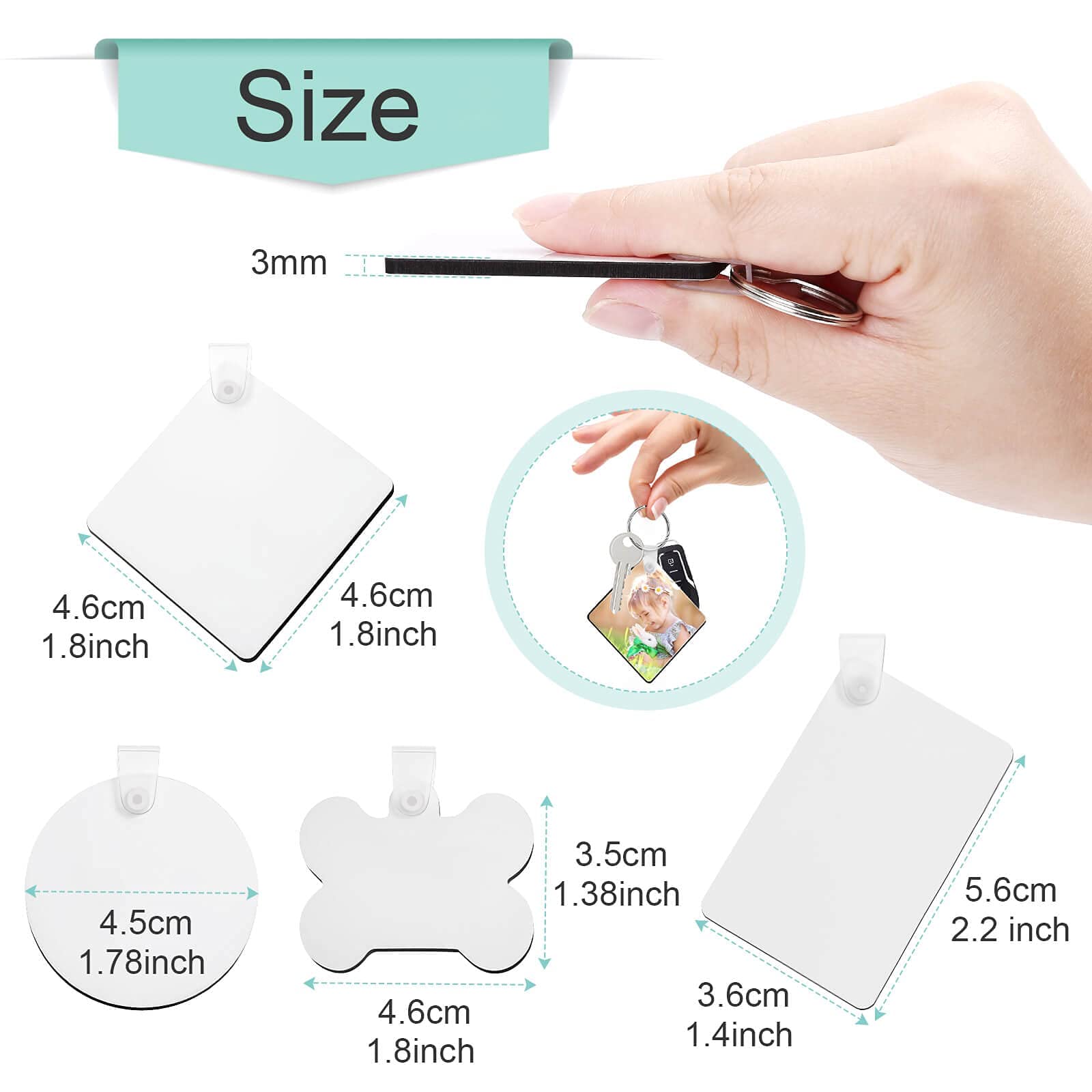 120Pcs Sublimation Keychain Blanks Bulk, DIY MDF Blanks Keychain with Keyrings, 4 Shape Sublimation Blank Keychain, Double-Sided Printed Heat Transfer Keychain