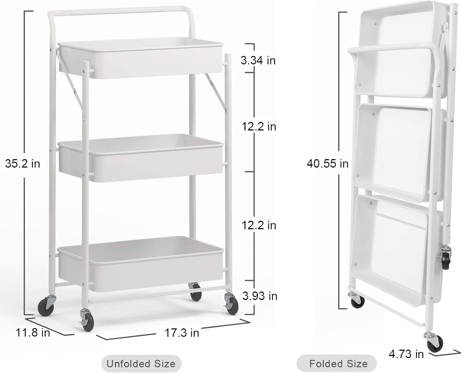 3 Tier Rolling Cart Foldable Storage Cart with Wheels No Assembly Request Kitchen Utility Organizer with Handing Cup, White