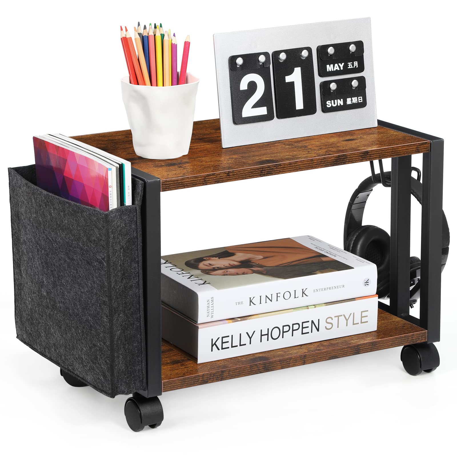 HEOMU Printer Stand with Storage Bag, 2 Tier Under Desk Printer Cart with Wheels, Wood Desktop Printer Table Organizer for Fax Machine, Copier, Scanner