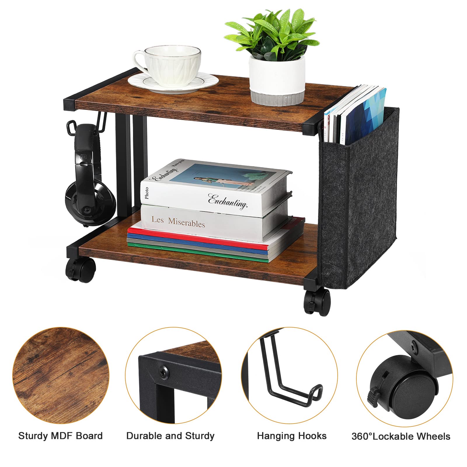 HEOMU Printer Stand with Storage Bag, 2 Tier Under Desk Printer Cart with Wheels, Wood Desktop Printer Table Organizer for Fax Machine, Copier, Scanner