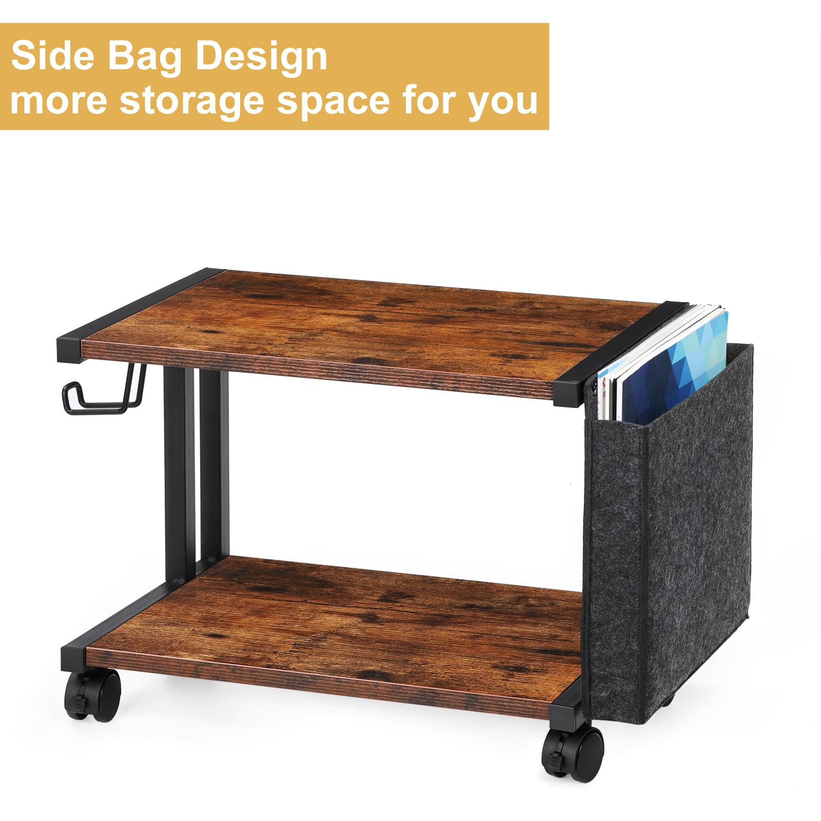 HEOMU Printer Stand with Storage Bag, 2 Tier Under Desk Printer Cart with Wheels, Wood Desktop Printer Table Organizer for Fax Machine, Copier, Scanner