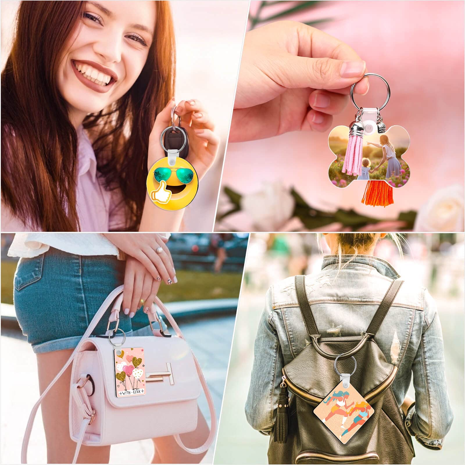 120Pcs Sublimation Keychain Blanks Bulk, DIY MDF Blanks Keychain with Keyrings, 4 Shape Sublimation Blank Keychain, Double-Sided Printed Heat Transfer Keychain