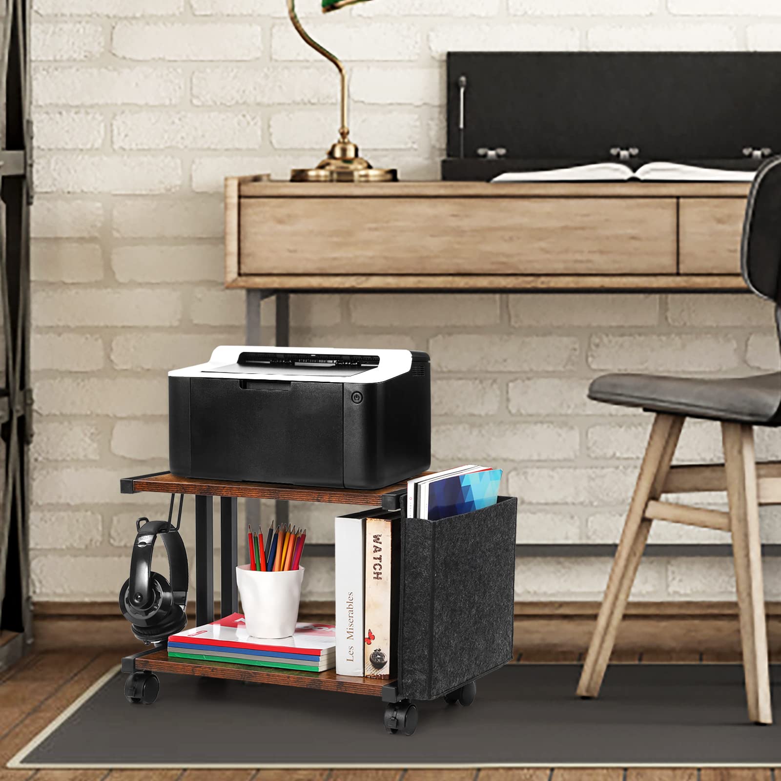 HEOMU Printer Stand with Storage Bag, 2 Tier Under Desk Printer Cart with Wheels, Wood Desktop Printer Table Organizer for Fax Machine, Copier, Scanner