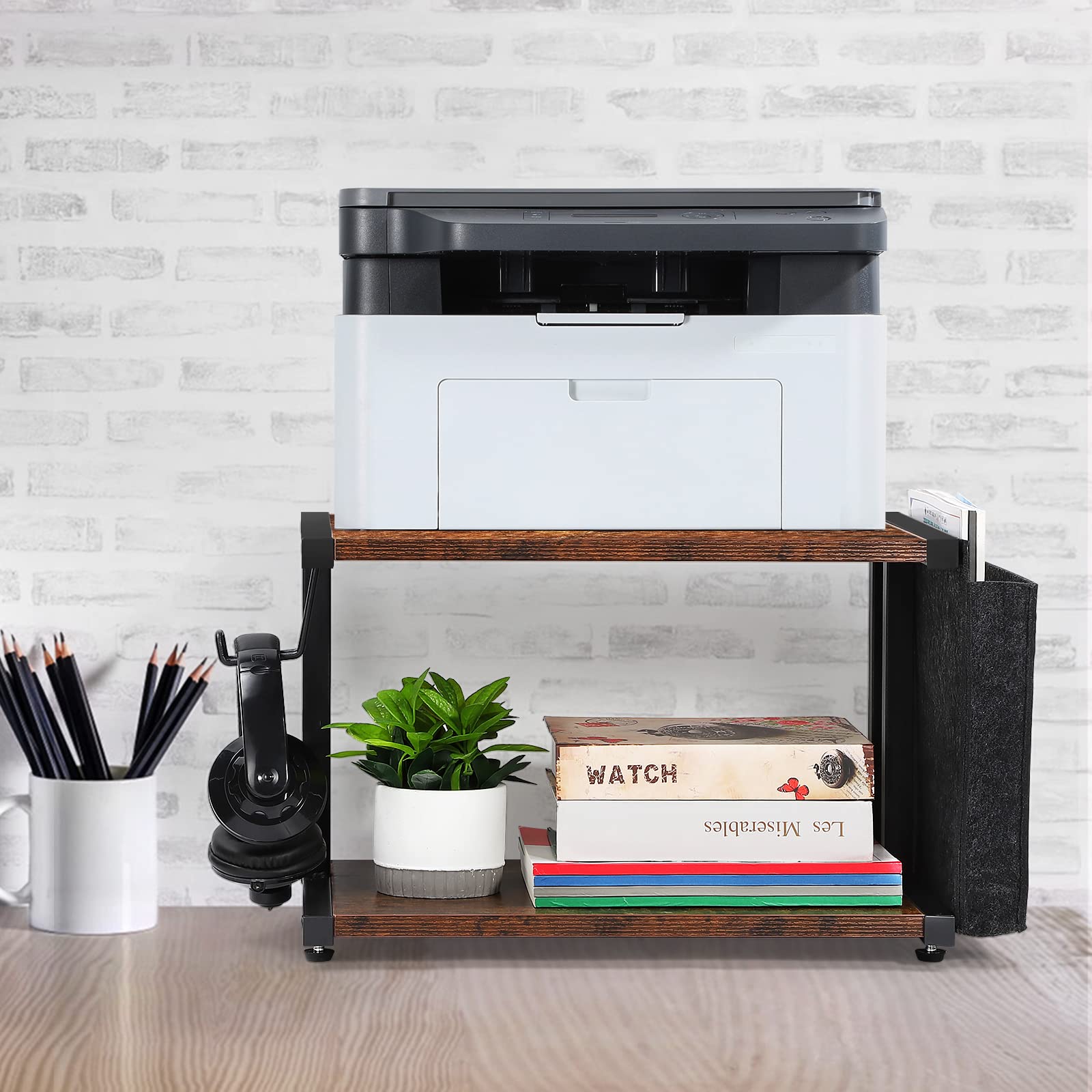 HEOMU Printer Stand with Storage Bag, 2 Tier Under Desk Printer Cart with Wheels, Wood Desktop Printer Table Organizer for Fax Machine, Copier, Scanner