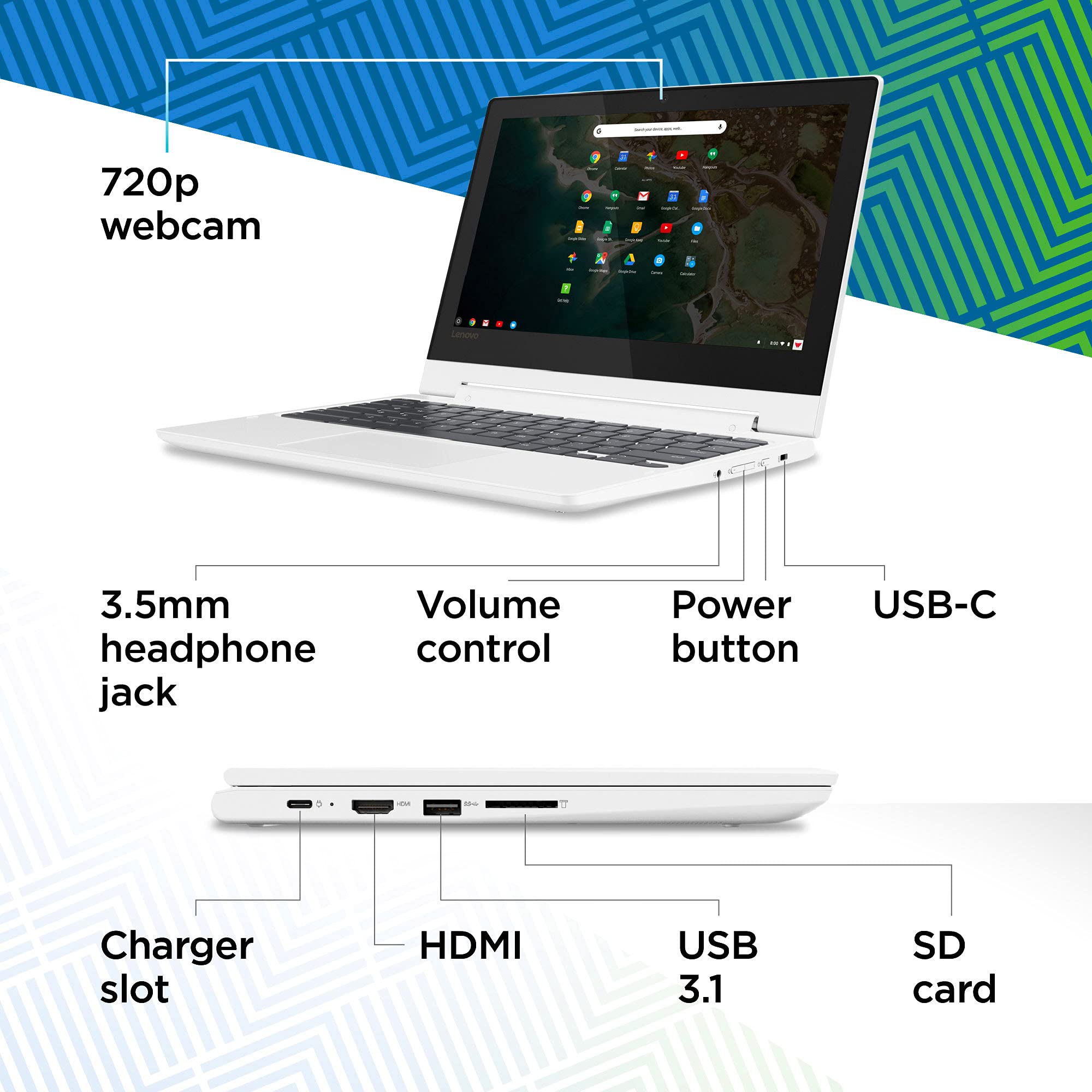 Lenovo Chromebook Flex 3 11" Laptop, 11.6-Inch HD IPS Display, MediaTek MT8173C, 4GB RAM, 64GB Storage, Chrome OS, Blizzard White