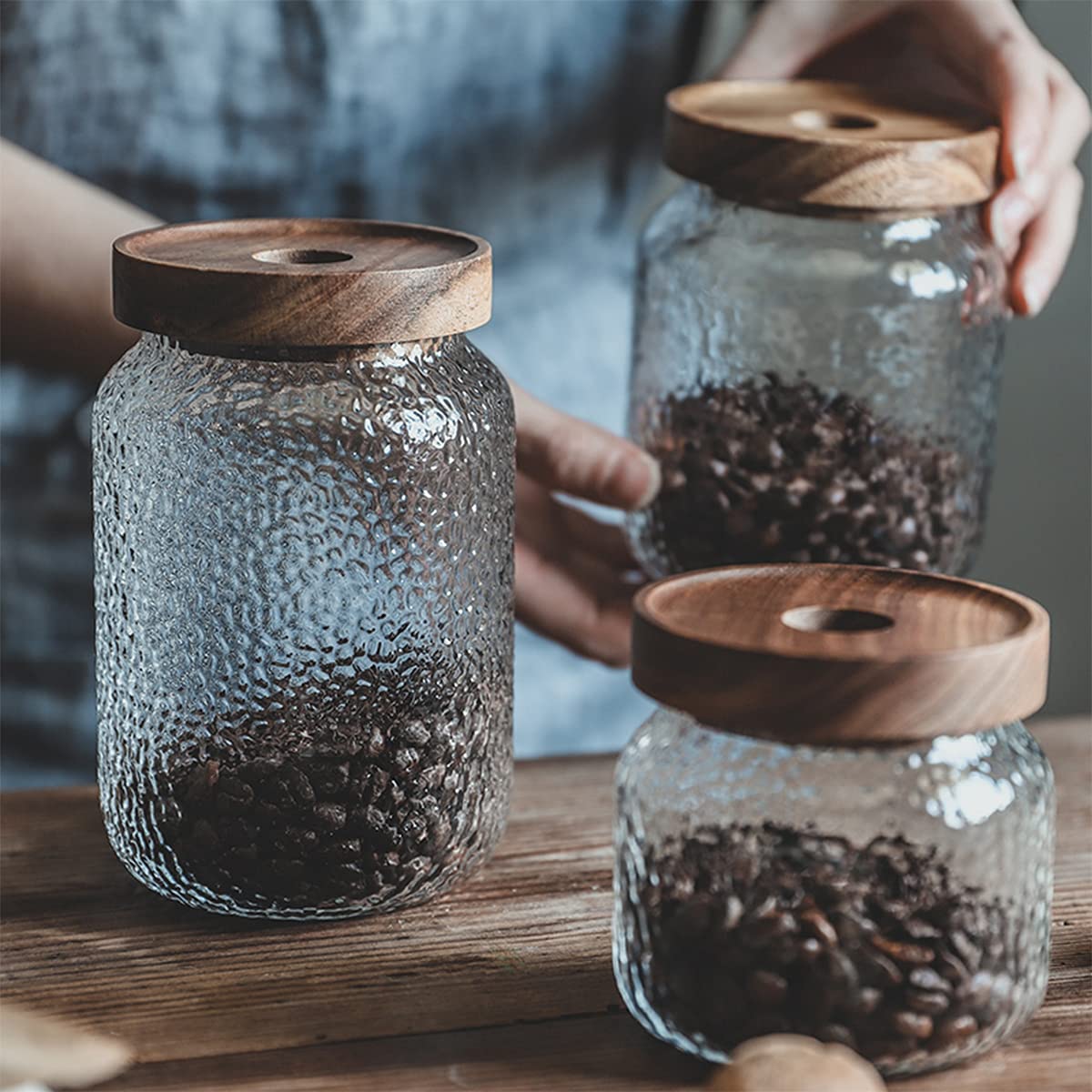 RareCi Glass Storage Jar, Food Storage Container with Airtight Bamboo Wooden Lid, Kitchen Canisters For Tea,Coffee Bean, Sugar, Candy, Cookie, Spice (500ml, 17 Ounce)