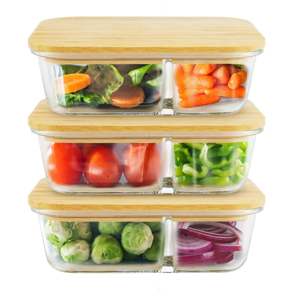 Reusable Glass Meal Prep Container Set, Glass Food Containers With Lids, Lunch Storage With Compartment Dividers, Large Glass Bento Box Set For Meal Planning, Freezer And Oven Safe, [3-Pack,30 Oz]