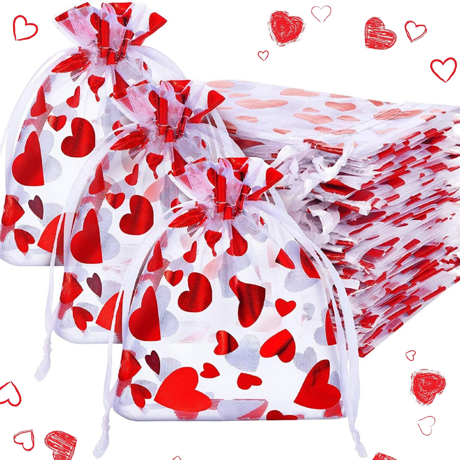 SIROGOGO 50 Pieces Heart Candy Bags Organza Jewelry Pouches, Pouch Drawstring Bags for Jewelry Packaging Valentine's Day Wedding Festival Party Supply, 10 x 8 cm