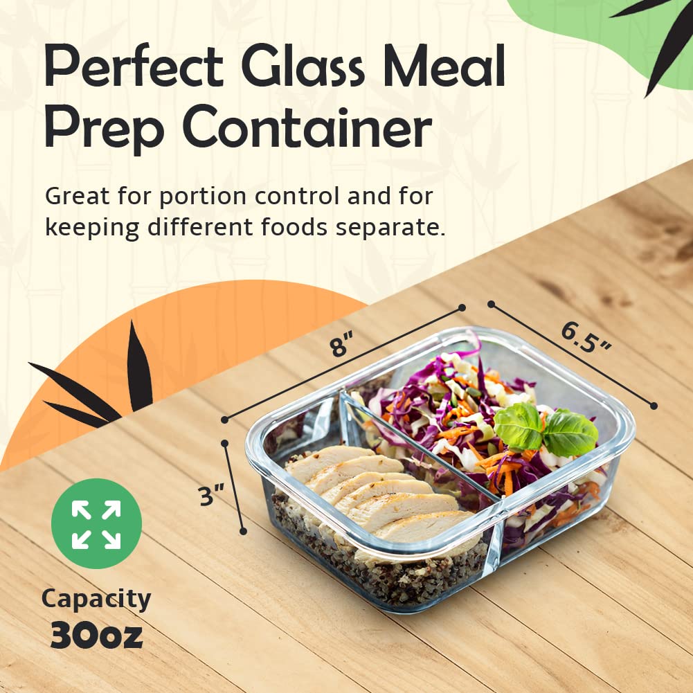 Reusable Glass Meal Prep Container Set, Glass Food Containers With Lids, Lunch Storage With Compartment Dividers, Large Glass Bento Box Set For Meal Planning, Freezer And Oven Safe, [3-Pack,30 Oz]