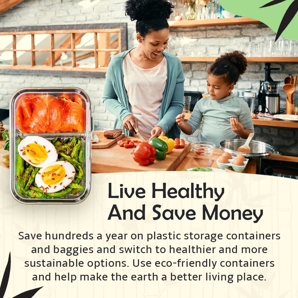 Reusable Glass Meal Prep Container Set, Glass Food Containers With Lids, Lunch Storage With Compartment Dividers, Large Glass Bento Box Set For Meal Planning, Freezer And Oven Safe, [3-Pack,30 Oz]